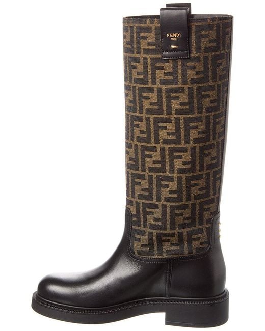 Fendi Filo Ff Jacquard Canvas & Leather Knee-High Boot in Brown | Lyst