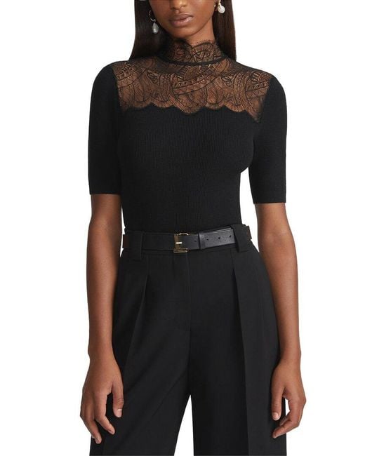 Lafayette 148 New York Petite Lace Trim Ribbed Sweater in Black | Lyst