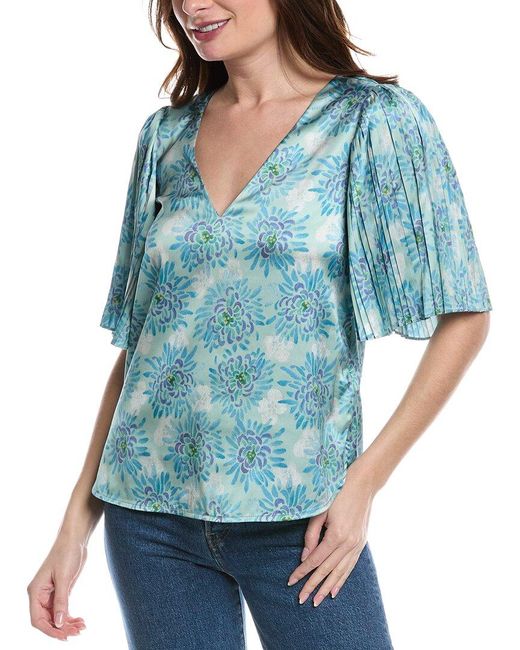 Rebecca Taylor Astera Fleur Pleated Top in Blue | Lyst