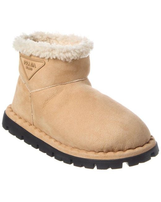 Prada Logo Suede & Shearling Boot in Natural | Lyst