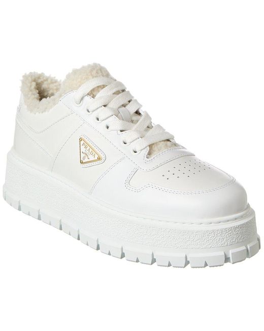 Prada Logo Leather & Shearling Platform Sneaker in White | Lyst