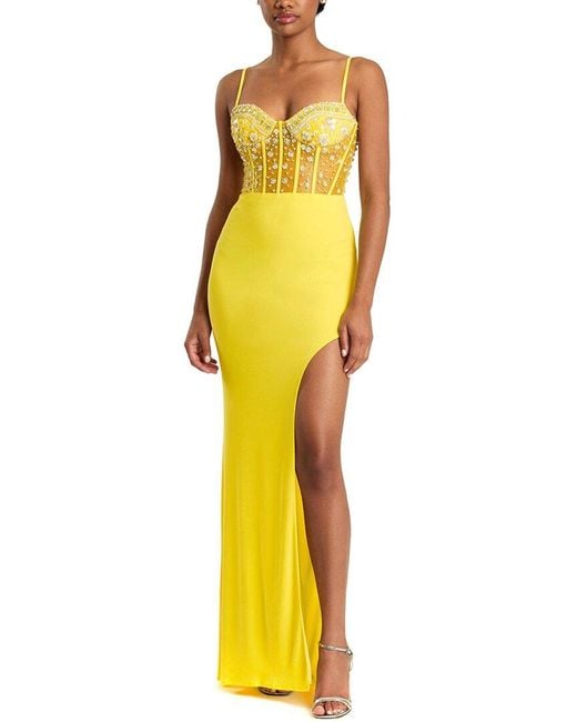 Mac Duggal Spaghetti Strap Beaded Sheer Bodice Gown in Yellow | Lyst UK