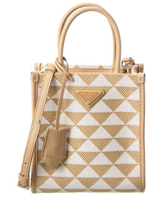 Prada Symbole Jacquard Mini Fabric & Leather Tote in Natural | Lyst