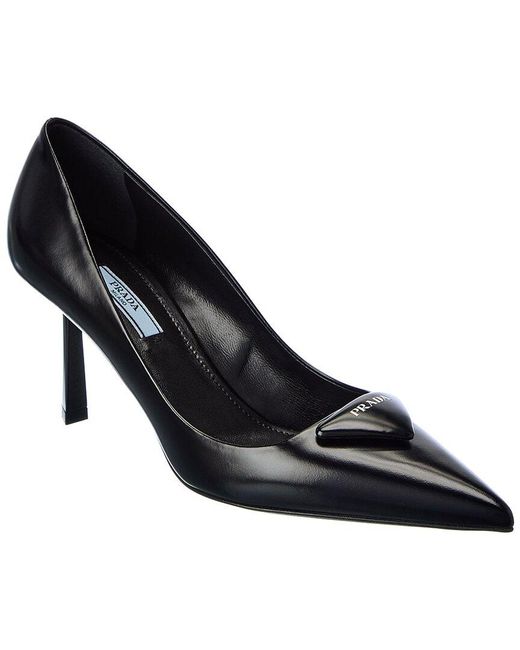 Prada Logo Leather Pointy-Toe Pump in Black | Lyst UK