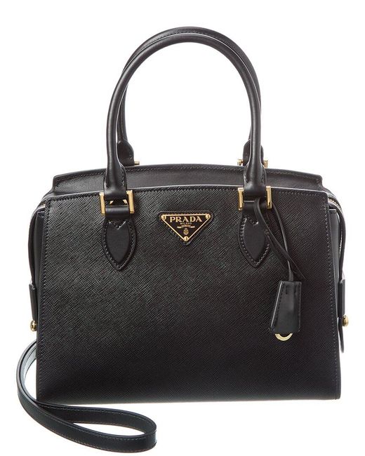 Prada Logo Saffiano Leather Satchel in Black | Lyst