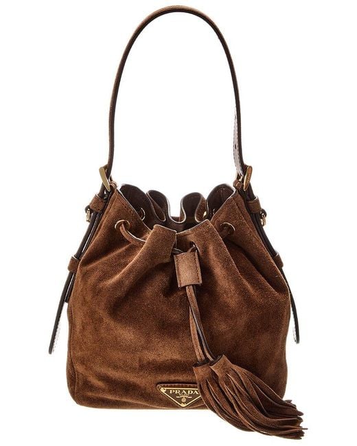 Prada Logo Suede Bucket Bag in Brown | Lyst UK