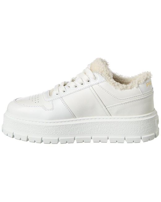 Prada Logo Leather & Shearling Platform Sneaker in White | Lyst