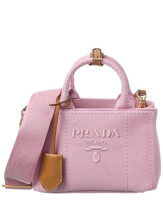 Prada Logo Canvas & Leather Tote in Pink | Lyst