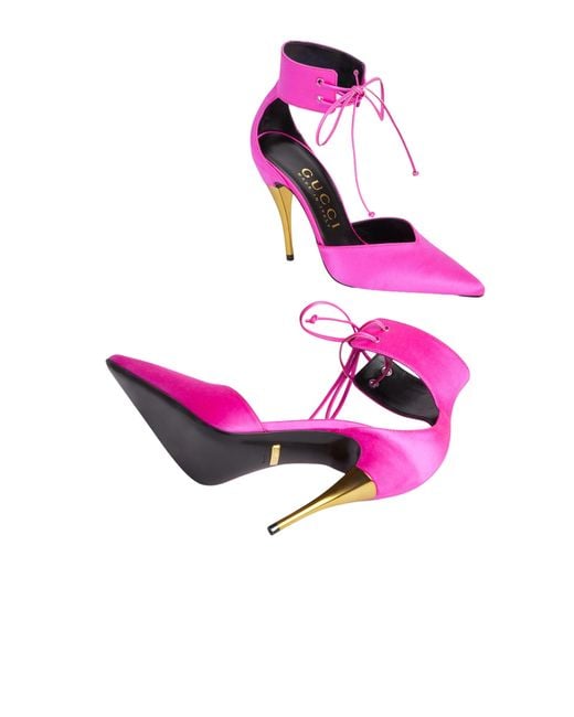 Gucci Lace-up Pink Satin Pump | Lyst
