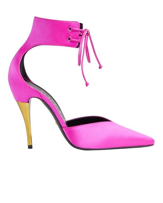 Gucci Lace-up Pink Satin Pump | Lyst