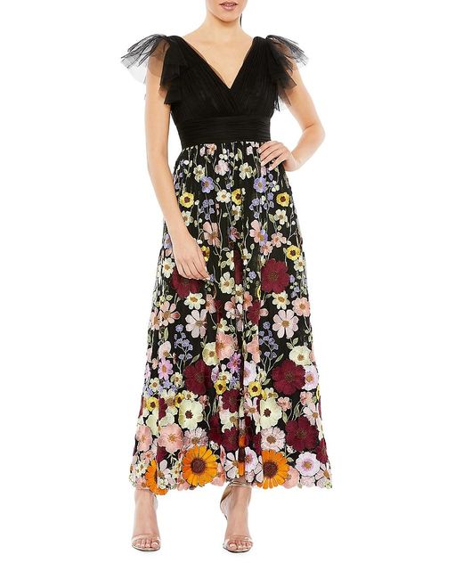 Mac Duggal Embroidered Floral Tulle Midi Dress In Black Lyst