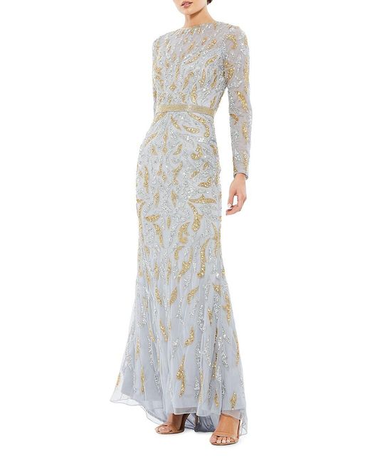 Mac Duggal Synthetic Illusion Sequin Gown In Platinum Gold Metallic