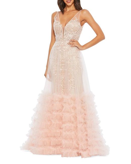 Mac Duggal Tulle Embroidered Tiered Ruffle Gown In Peach Orange Lyst