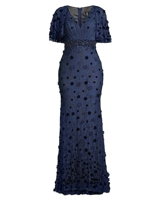 Mac Duggal Synthetic Floral Embellished V Neck Gown In Midnight Blue