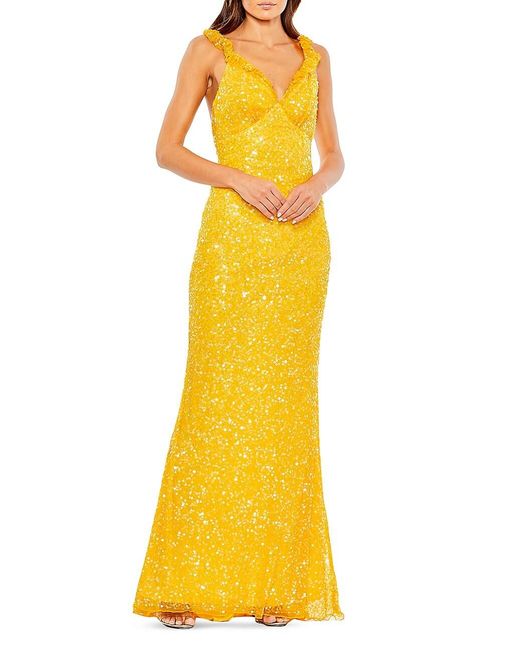 Mac Duggal Synthetic Ieena Ruffled Sequin Body Con Gown In Marigold