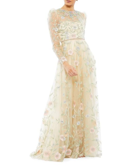 Mac Duggal Floral Embroidered Puff Sleeve Tulle Gown In White Lyst