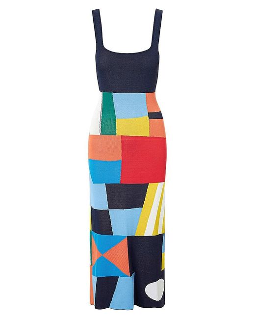 STAUD Katie Patchwork Midi-Dress in Blue | Lyst