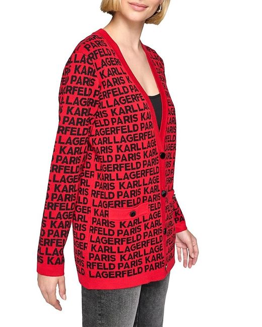 Karl Lagerfeld Logo Collarless Cardigan in Red | Lyst