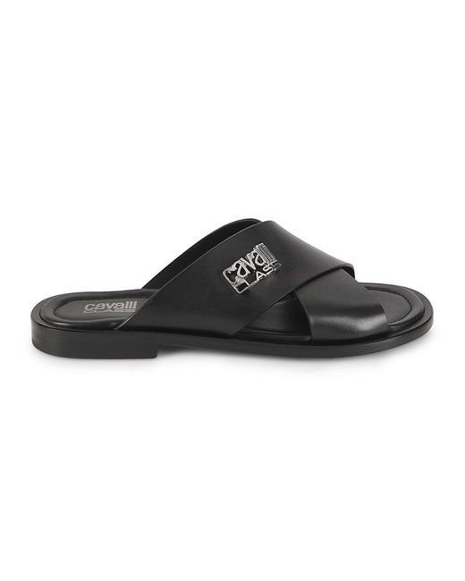 Cavalli Class by Roberto Cavalli Logo Leather Slides in Black for Men ...