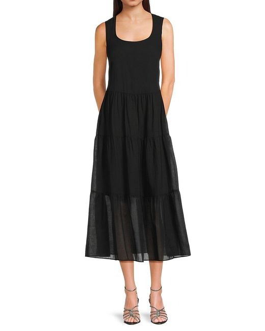 Theory Tiered Cotton Midi Dress in Black | Lyst UK
