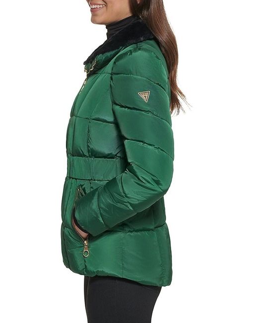 Guess Faux Fur Trim Quilted Puffer Jacket In Green Lyst