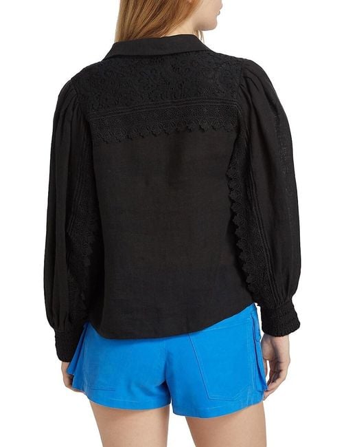 Alice + Olivia Linen Lace-Paneled Blouse in Black | Lyst
