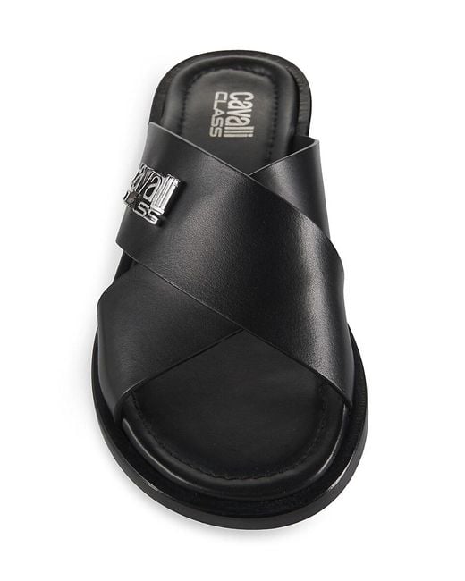 Cavalli Class by Roberto Cavalli Logo Leather Slides in Black for Men ...
