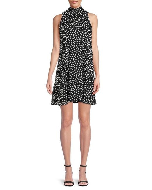 Calvin Klein Synthetic Polka Dot Highneck Dress In Black White Black