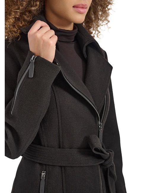 Kenneth Cole Wool Tweed Double-Breasted Belted Coat in Black | Lyst