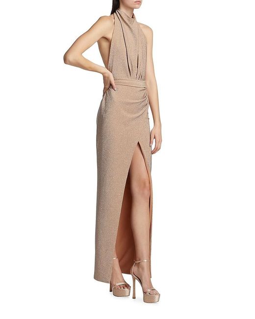 MICHAEL COSTELLO COLLECTION Tara Draped Open-Back Gown in Natural | Lyst