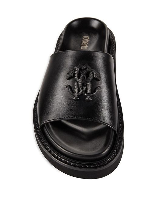 Roberto Cavalli Leather Logo Slides in Black for Men | Lyst