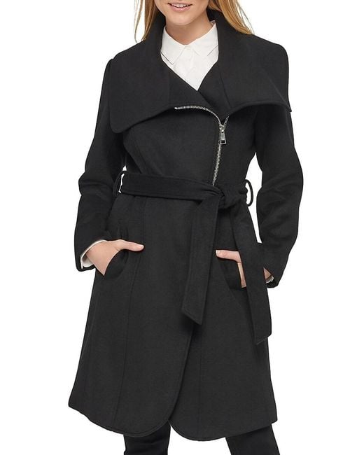 Karl Lagerfeld Envelope Collar Wool Blend Zip Coat in Black | Lyst
