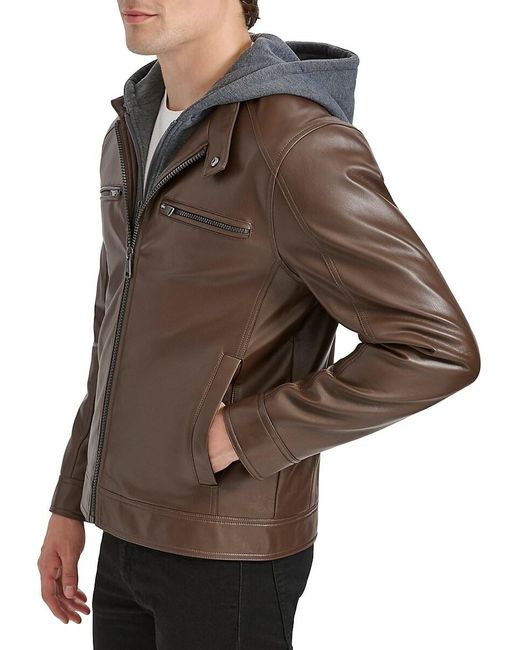 Kenneth Cole Faux Leather Hooded Moto Jacket in Black for Men | Lyst