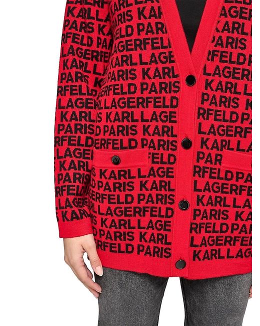 Karl Lagerfeld Logo Collarless Cardigan in Red | Lyst