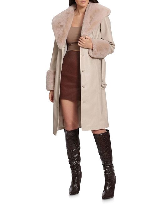 Avec Les Filles Belted Faux Fur Trim Faux Leather Trench Coat In