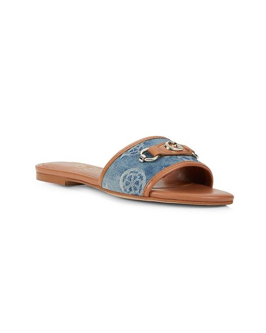 Guess Hammi Logo Denim Flat Sandals in Blue | Lyst
