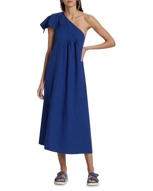 FARM Rio One-shoulder Linen-blend Belted Midi-dress in Blue | Lyst