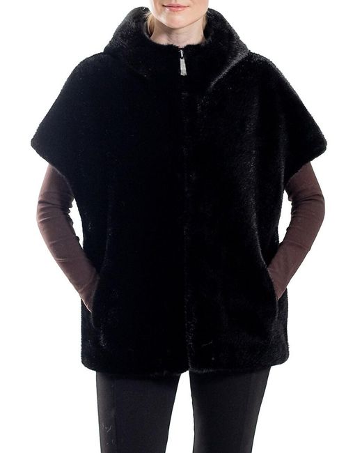 BELLE FARE BY MING YANG Faux Mink Hooded Faux Fur Cape Vest in Black | Lyst