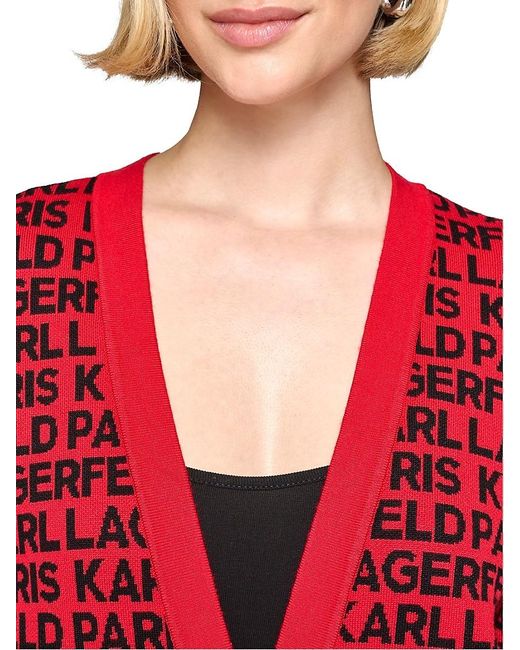 Karl Lagerfeld Logo Collarless Cardigan in Red | Lyst