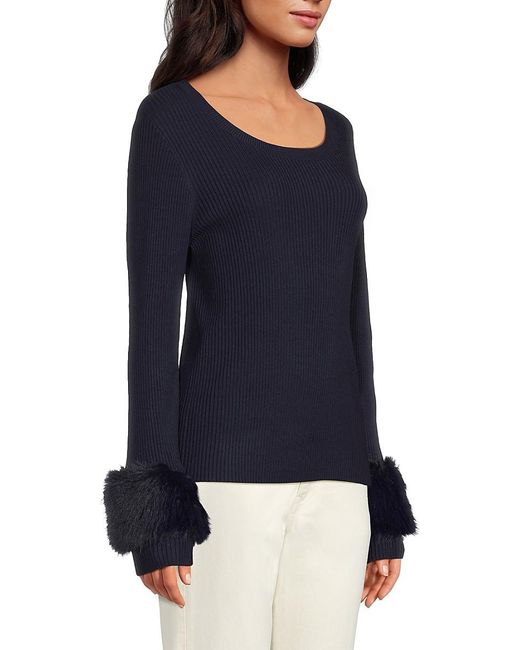 Saks Fifth Avenue Rib-Knit Faux Fur Trim Top in White | Lyst UK