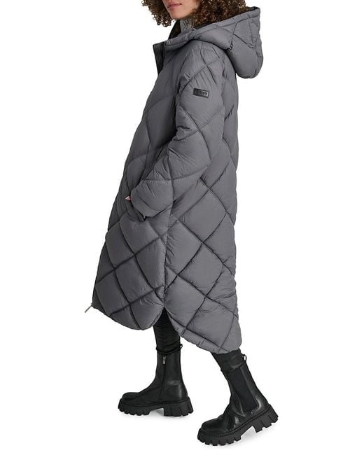 DKNY Missy Diamond Quilted Longline Puffer Coat in Gray | Lyst