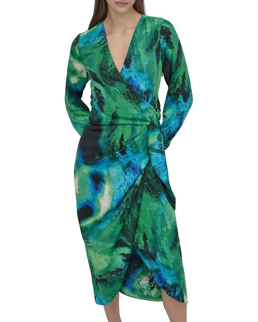 DKNY Abstract Tulip Hem Wrap Midi-Dress in Green | Lyst