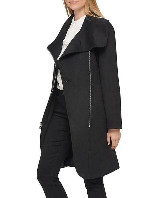 Karl Lagerfeld Envelope Collar Wool Blend Zip Coat in Black | Lyst