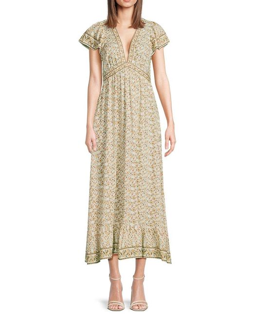 Max Studio Floral Flutter-Sleeve V-Neck Maxi Dress in Natural | Lyst