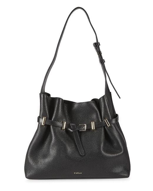 Furla Logo Leather Hobo Bag in Black | Lyst