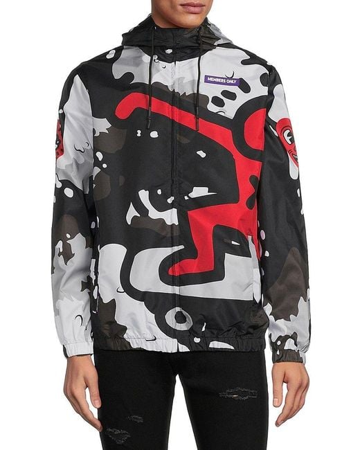Members Only Keith Haring Print Hooded Windbreaker Jacket in Black for ...
