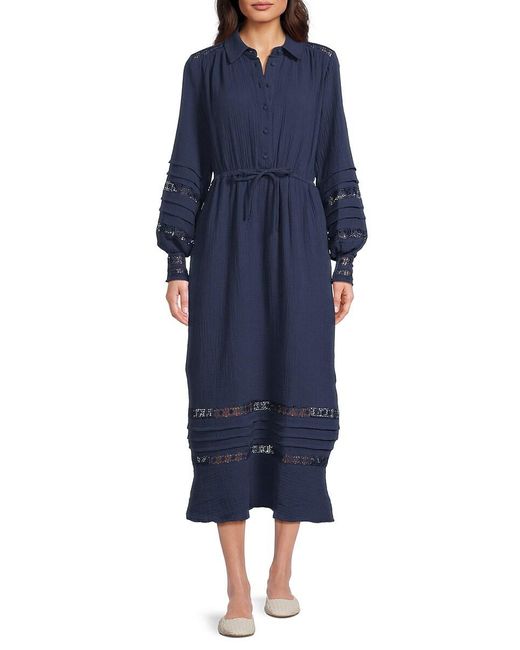 Saks Fifth Avenue Lace Insert Midi Shirtdress in White | Lyst