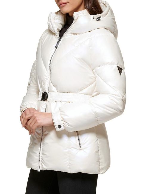 Guess Belted Puffer Jacket in White | Lyst