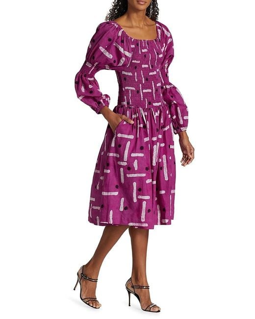 Busayo Shola Print Smocked Midi Dress in Purple | Lyst
