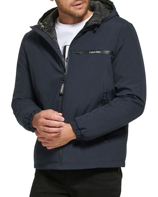 Calvin Klein Logo Hooded Jacket in Blue for Men | Lyst